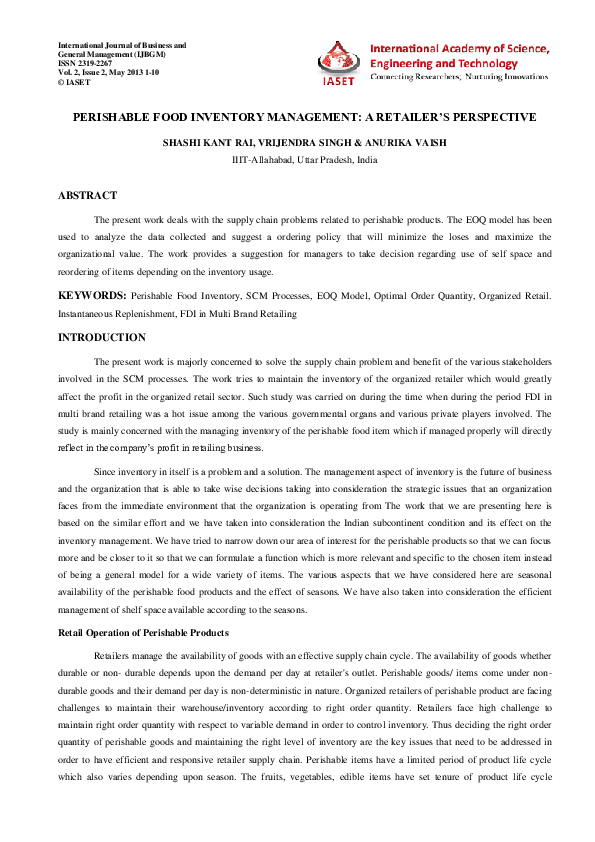 (PDF) Perishable Food Inventory Management: A Retailer’s Perspective
