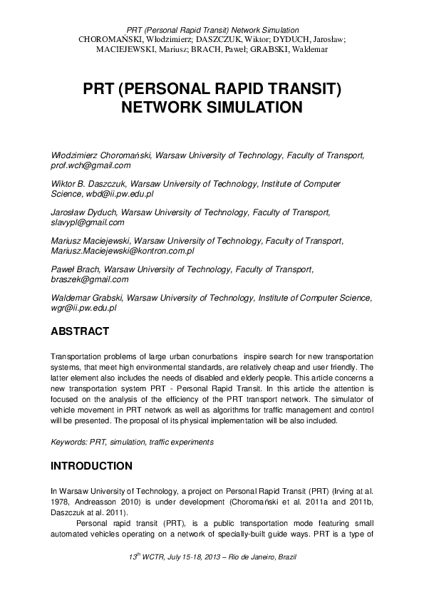 (PDF) PRT (Personal Rapid Transit) network simulation | Waldemar Grabski - Academia.edu