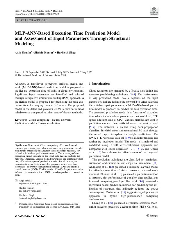 Pdf Mlp Ann Based Execution Time Prediction Model And Assessment Of Input Parameters Through