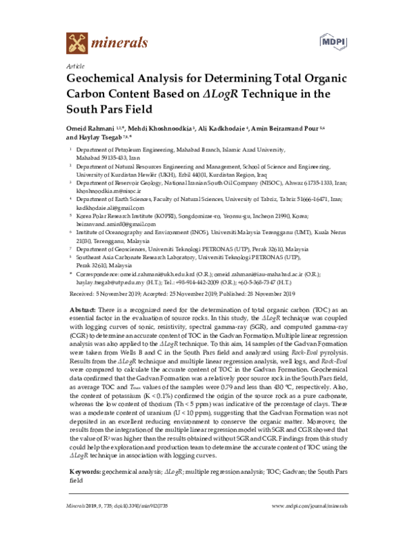 (PDF) Geochemical Analysis for Determining Total Organic Carbon Content Based on ∆LogR Technique ...