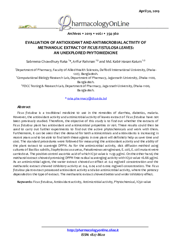 (PDF) Evaluation of Antioxidant and Antimicrobial Activity of Methanolic Extract of Ficus ...
