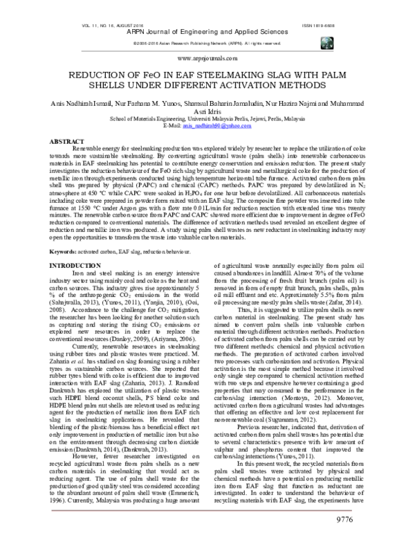 (PDF) REDUCTION OF FeO IN EAF STEELMAKING SLAG WITH PALM SHELLS UNDER ...