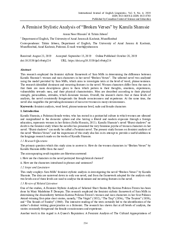 (PDF) A Feminist Stylistic Analysis of “Broken Verses” by Kamila Shamsie