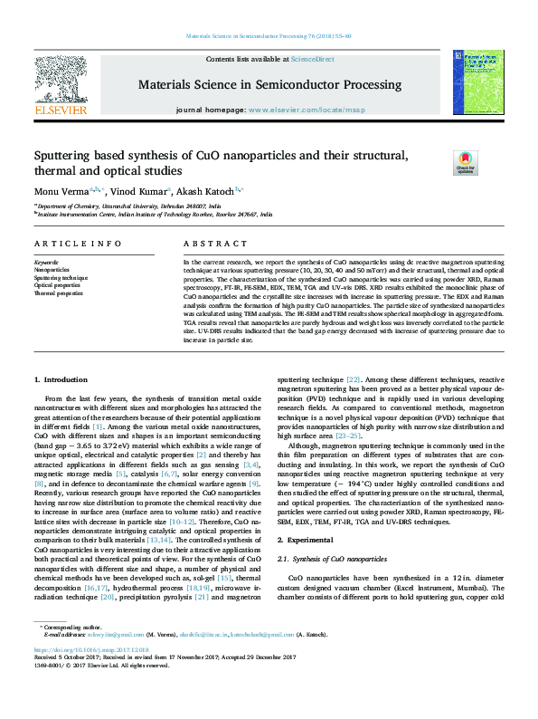 (PDF) Sputtering based synthesis of CuO nanoparticles and their ...