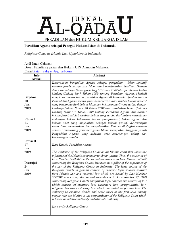 (PDF) Peradilan Agama sebagai Penegak Hukum Islam di Indonesia
