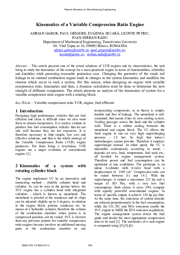 (PDF) Kinematics of a Variable Compression Ratio Engine