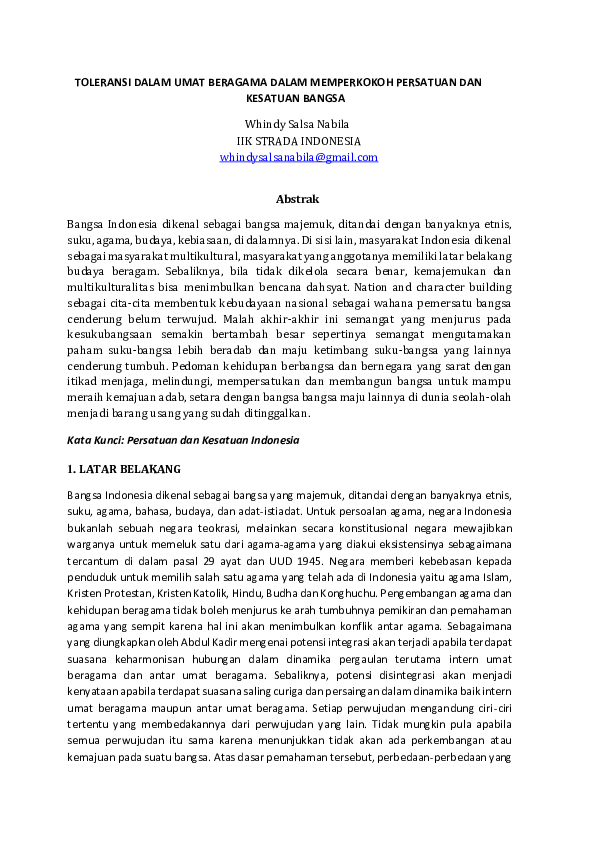 (PDF) Toleransi Dalam Umat Beragama Dalam Memperkokoh Persatuan Dan Kesatuan Bangsa