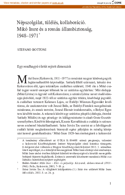 (PDF) Népszolgálat, túlélés, kollaboráció. Mikó Imre és a román ...