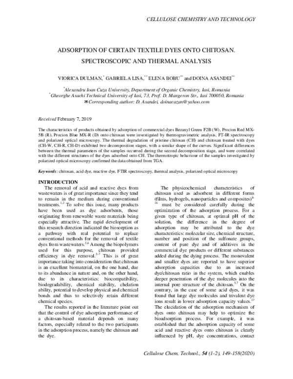 (PDF) Adsorption of Certain Textile Dyes Onto Chitosan. Spectroscopic and Thermal Analysis