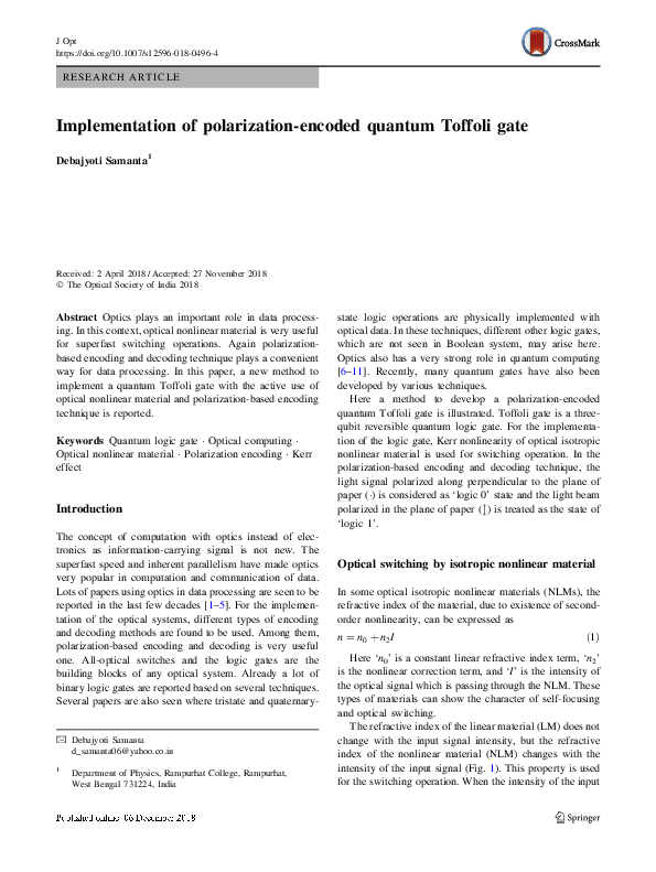 (PDF) Implementation of polarization-encoded quantum Toffoli gate