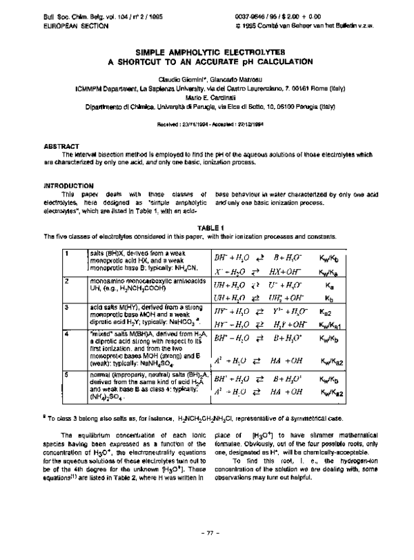 (PDF) Efficient pH Calculation for Ampholytic Electrolytes