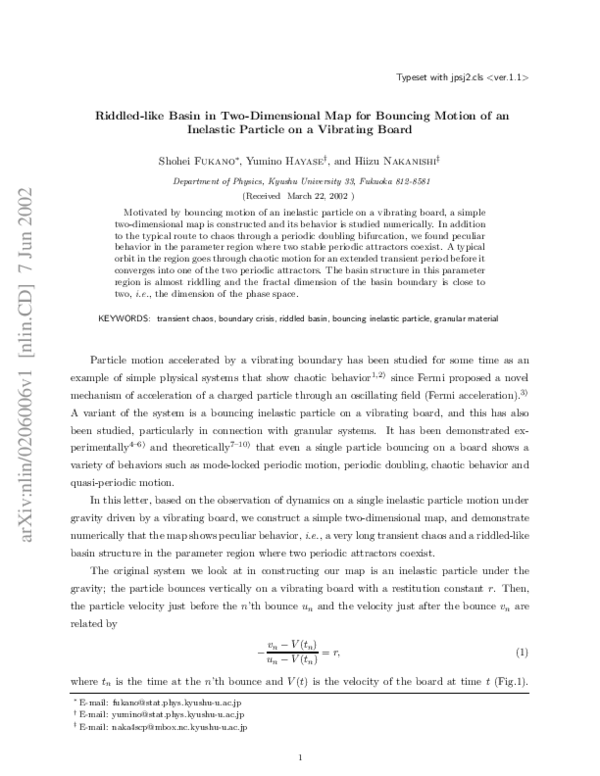(PDF) Riddled-like Basin in Two-Dimensional Map for Bouncing Motion of ...