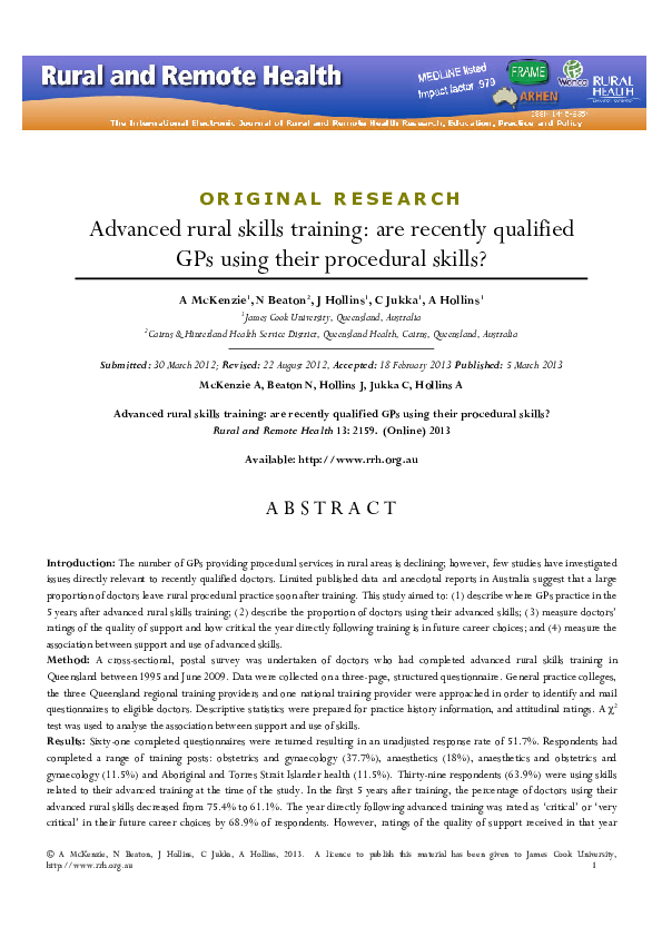 (PDF) Advanced rural skills training: are recently qualified GPs using ...
