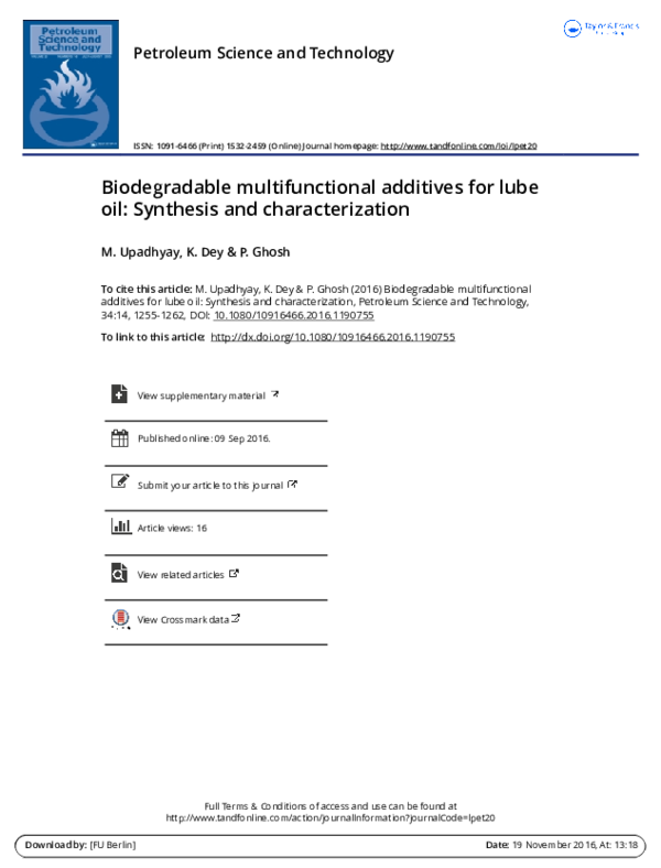 Biodegradable multifunctional additives for lube oil: Synthesis and characterization