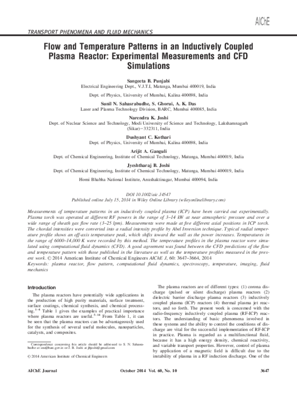 (PDF) Flow and Temperature Patterns in an Inductively Coupled Plasma Reactor: Experimental ...