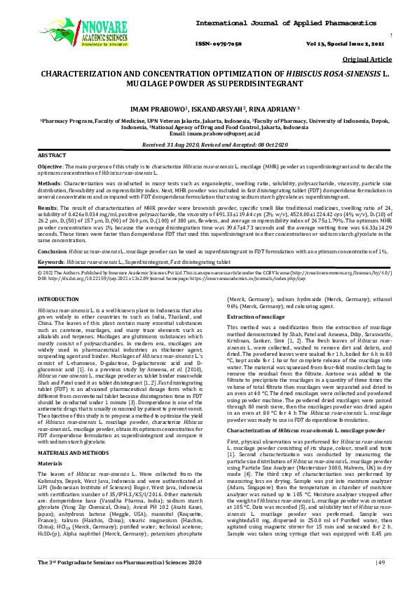 (PDF) CHARACTERIZATION AND CONCENTRATION OPTIMIZATION OF HIBISCUS ROSA ...