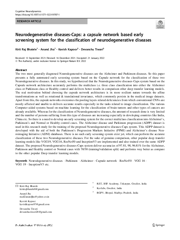 (PDF) Neurodegenerative diseases-Caps: a capsule network based early screening system for the ...
