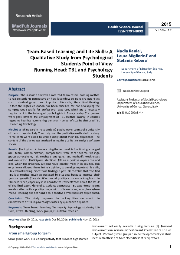 (PDF) Team-Based Learning and Life Skills: A Qualitative Study from Psychological Students Point ...