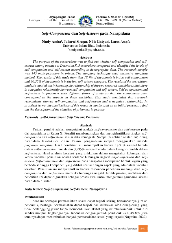 (PDF) Self-Compassion dan Self-Esteem pada Narapidana