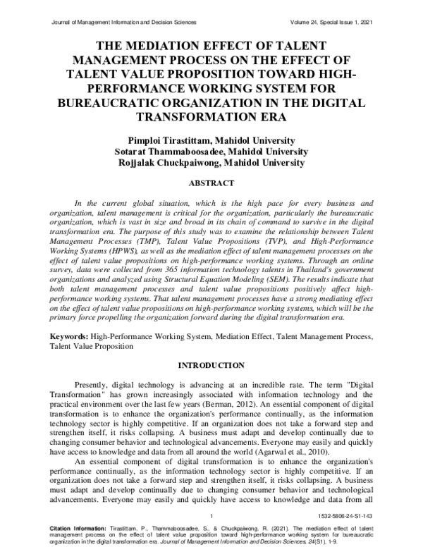 (PDF) The Mediation Effect of Talent Management Process on the Effect of Talent Value ...