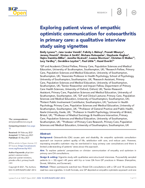 Pdf Exploring Patient Views Of Empathic Optimistic Communication For Osteoarthritis In Primary