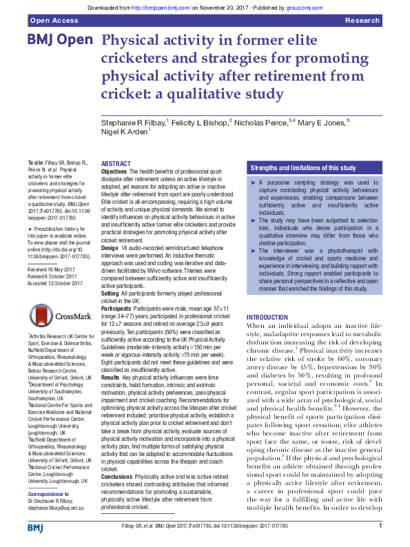 (PDF) Physical activity in former elite cricketers and strategies for promoting physical ...