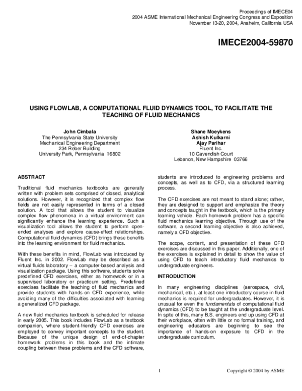 Pdf Using Flowlab A Computational Fluid Dynamics Tool To Facilitate The Teaching Of Fluid
