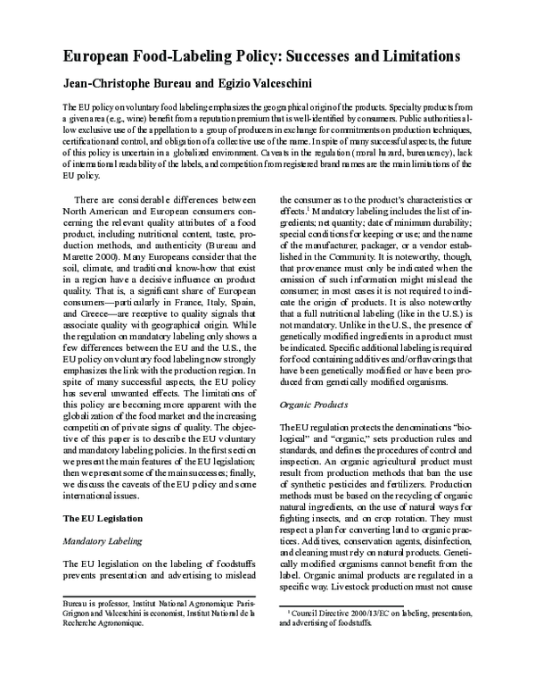 (PDF) European Food-Labeling Policy: Successes and Limitations