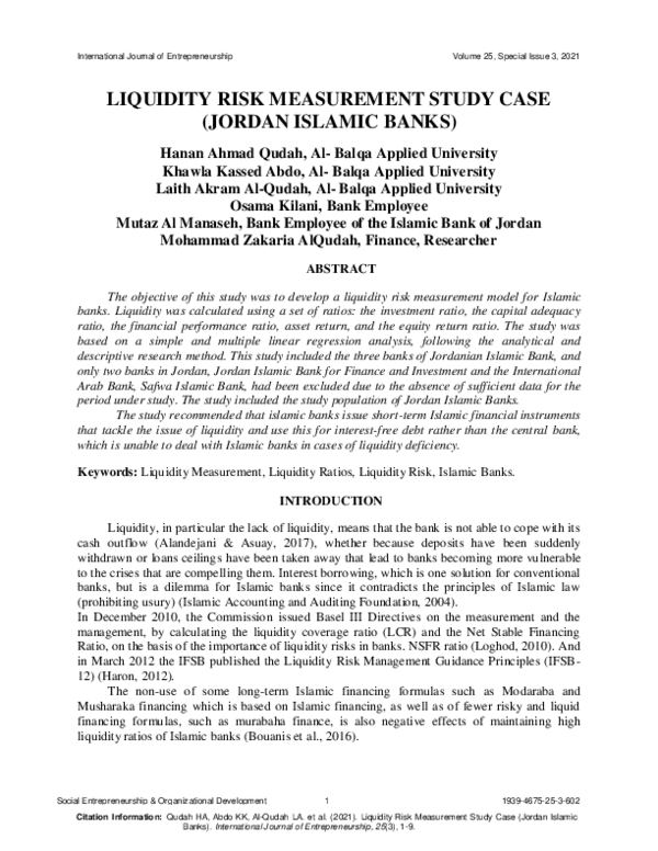 (PDF) Liquidity Risk Measurement Study Case (Jordan Islamic Banks)