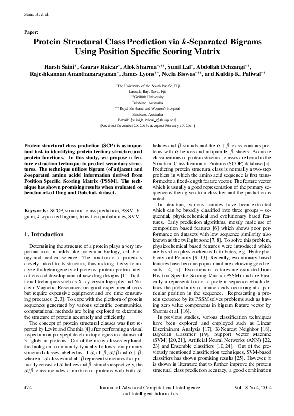 Pdf Protein Structural Class Prediction Viak Separated Bigrams Using Position Specific Scoring