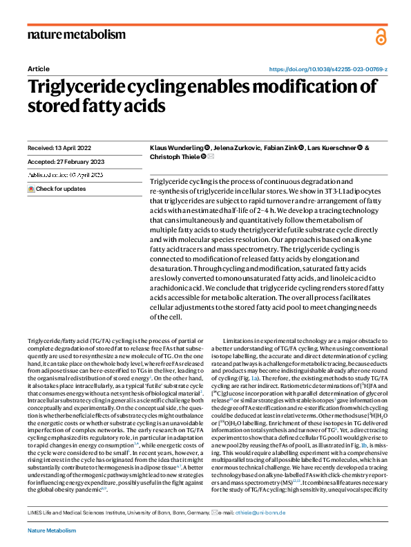 (PDF) Triglyceride cycling enables modification of stored fatty acids