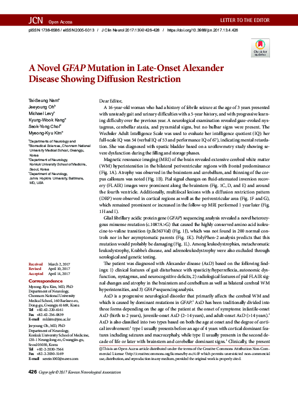 (PDF) A Novel GFAP Mutation in Late-Onset Alexander Disease Showing ...