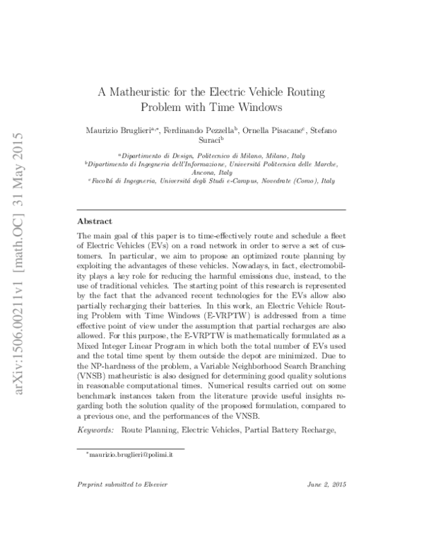 Pdf A Matheuristic For The Electric Vehicle Routing Problem With Time