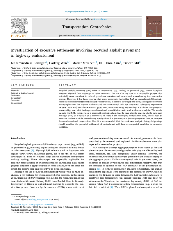 (PDF) Investigation of excessive settlement involving recycled asphalt ...