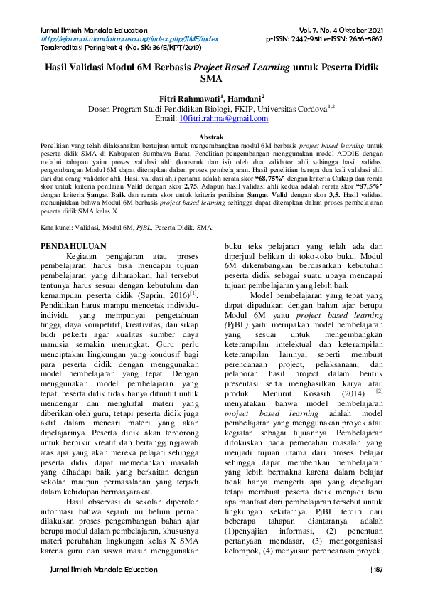 (PDF) Hasil Validasi Modul 6M Berbasis Project Based Learning untuk Peserta Didik SMA