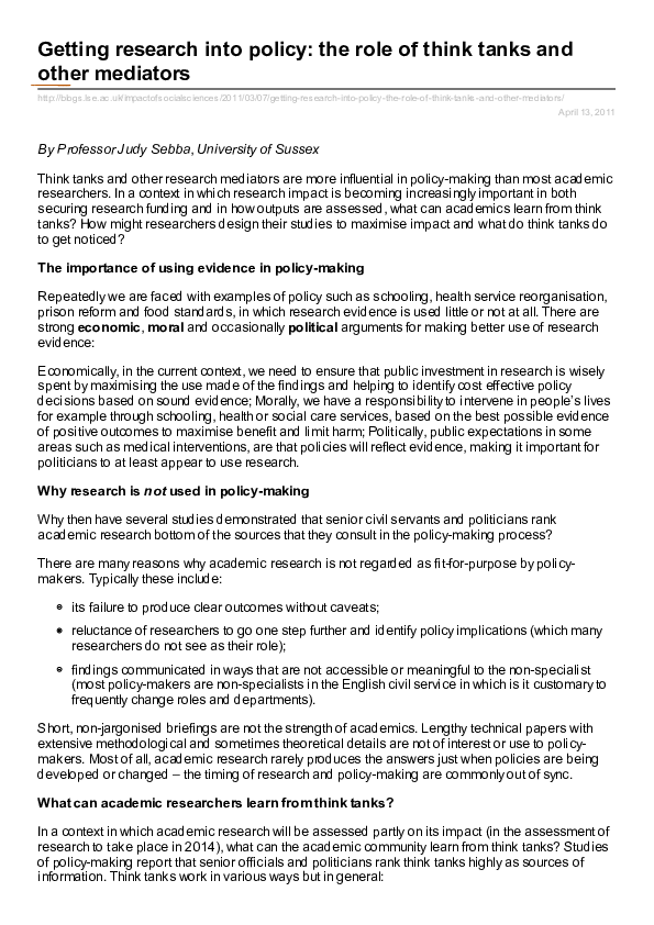 (PDF) Getting research into policy: the role of think tanks and other ...