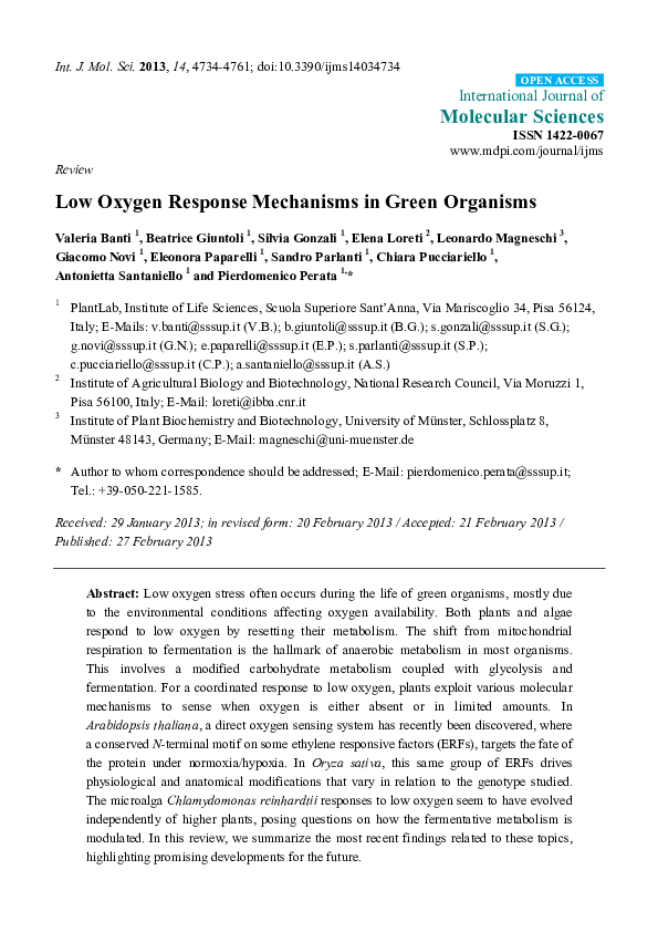 (PDF) Low Oxygen Response Mechanisms in Green Organisms