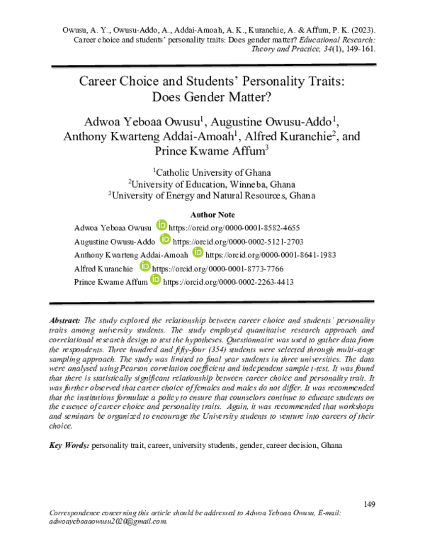 (PDF) Career Choice and Students' Personality Traits: Does Gender Matter