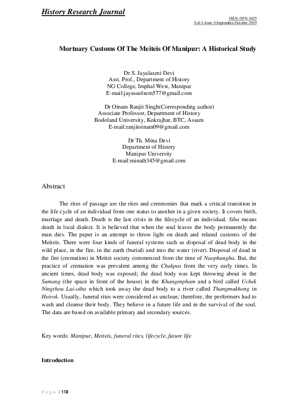 (PDF) Mortuary Customs Of The Meiteis Of Manipur: A Historical Study