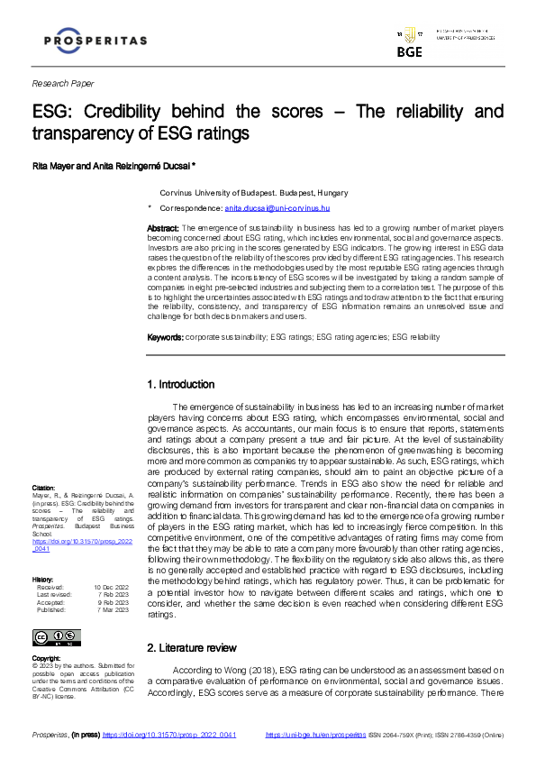 (PDF) ESG: Credibility behind the scores : The reliability and transparency of ESG ratings