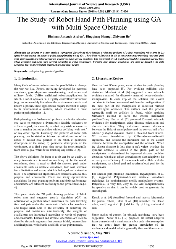 (PDF) The Study of Robot Hand Path Planning using GA with Multi Space Obstacle