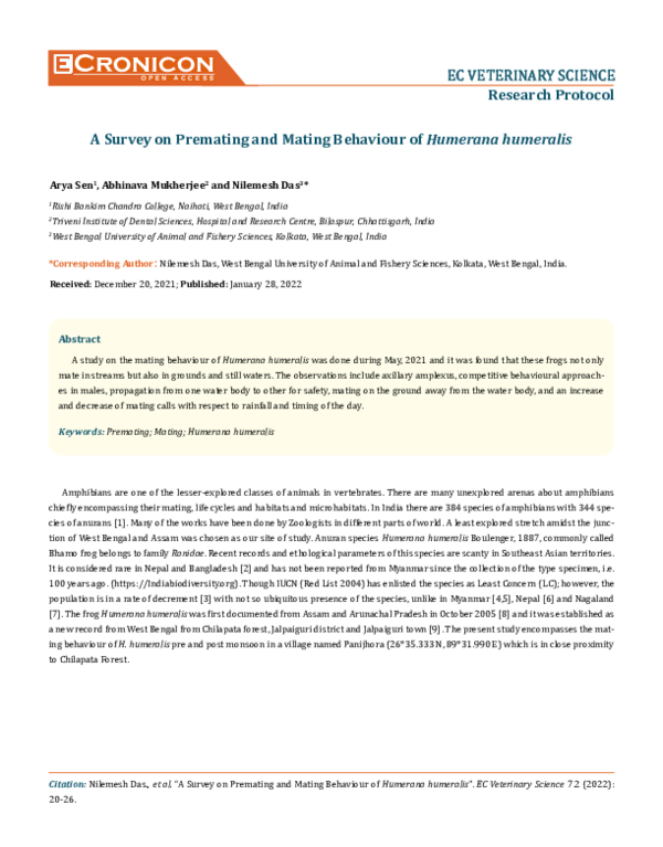 (PDF) A Survey on Premating and Mating Behaviour of Humerana humeralis