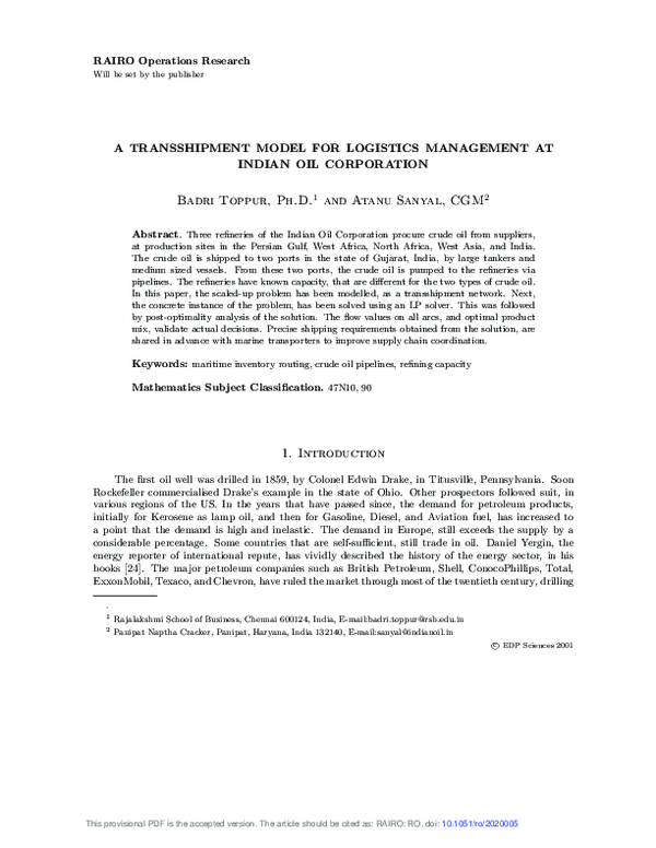 (PDF) A transshipment model for logistics management at Indian Oil ...