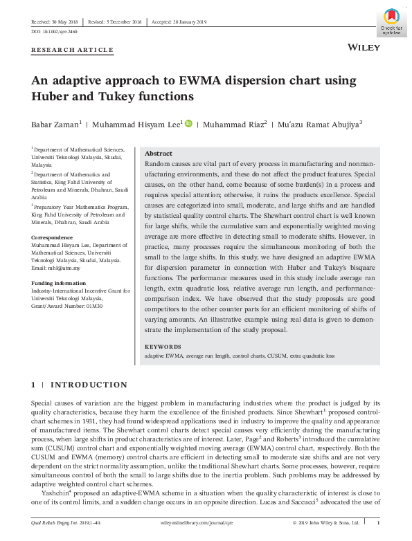 (PDF) An adaptive approach to EWMA dispersion chart using Huber and Tukey functions