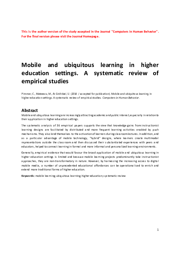 (PDF) Mobile and ubiquitous learning in higher education settings. A systematic review of ...
