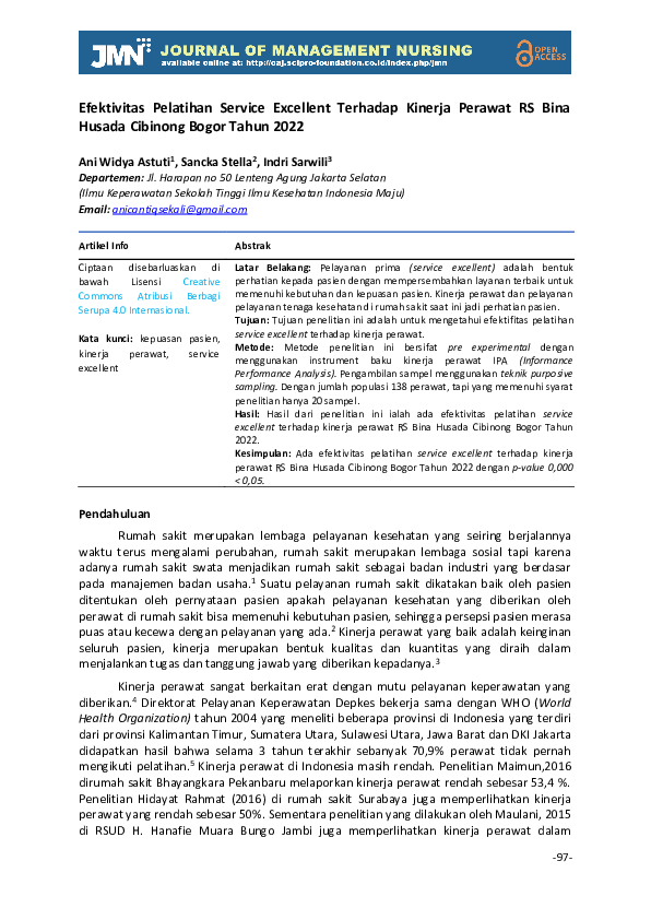(PDF) Efektivitas Pelatihan Service Excellent Terhadap Kinerja Perawat ...