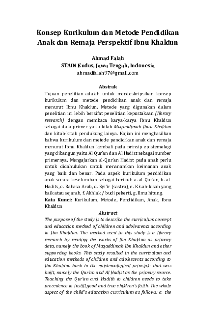 (PDF) Konsep Kurikulum dan Metode Pendidikan Anak dan Remaja Perspektif Ibnu Khaldun