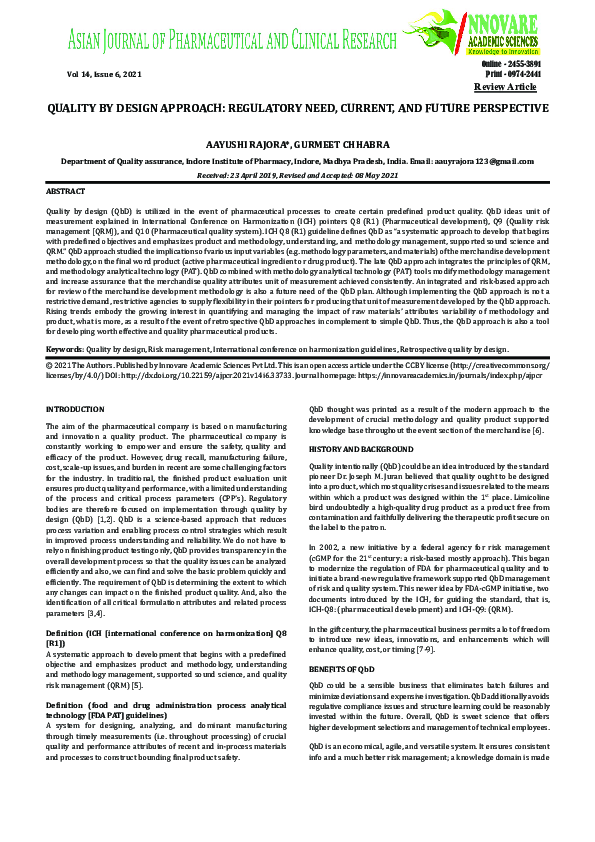 (PDF) QUALITY BY DESIGN APPROACH: REGULATORY NEED, CURRENT, AND FUTURE PERSPECTIVE
