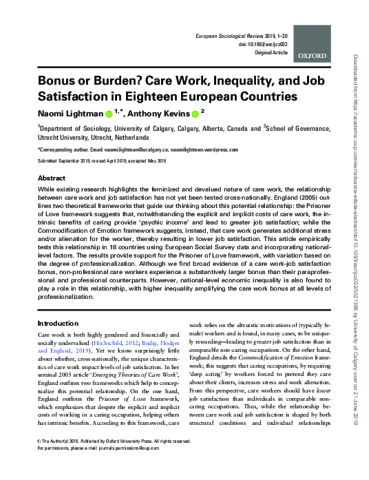 (PDF) Bonus or Burden? Care Work, Inequality, and Job Satisfaction in ...