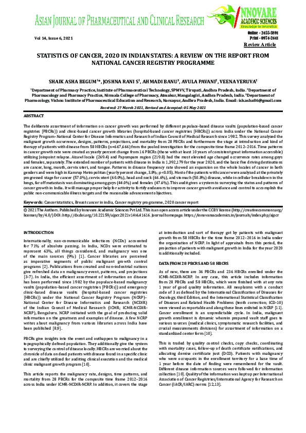 (PDF) STATISTICS OF CANCER, 2020 IN INDIAN STATES: A REVIEW ON THE ...